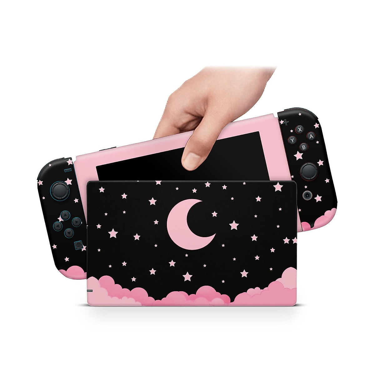 ZOOMHITSKINS Compatible with Switch Skin Cover Head in The Cloud Crescent Moon Stars Cute Kawaii Anime Pink Black Vinyl Decal Sticker Wrap, Made in The USA