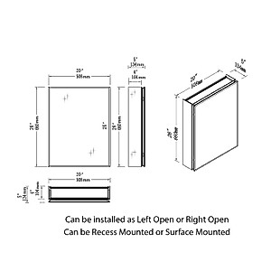 20 Inch x 26 Inch Aluminum Bathroom Medicine Cabinet, Recess Or Surface Mount