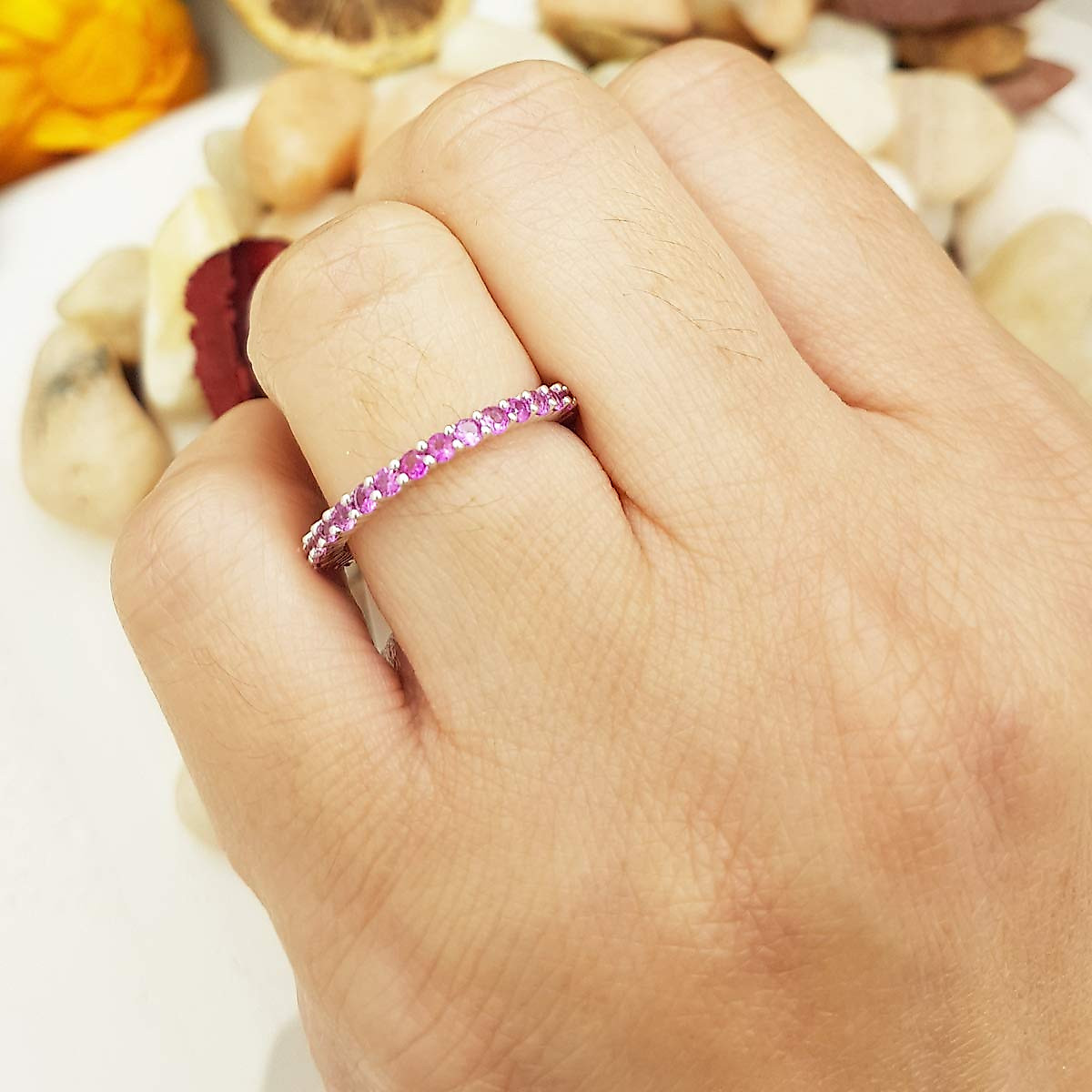 Dazzlingrock Collection 14K Round Pink Sapphire Ladies Eternity Wedding Band 1 CT, White Gold, Size 6