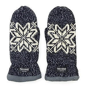 BRUCERIVER Women Snowflake Knit Mittens with Warm Thinsulate Fleece Lining Size M (Black)