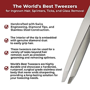 World's Best Tweezers Diamond Tip Tweezer - Diamond Coated Slant Tip Precision Eyebrow Tweezer, Facial & Ingrown Hair Remover - Perfectly Aligned - Grabs Hair From The Root - Stainless Steel
