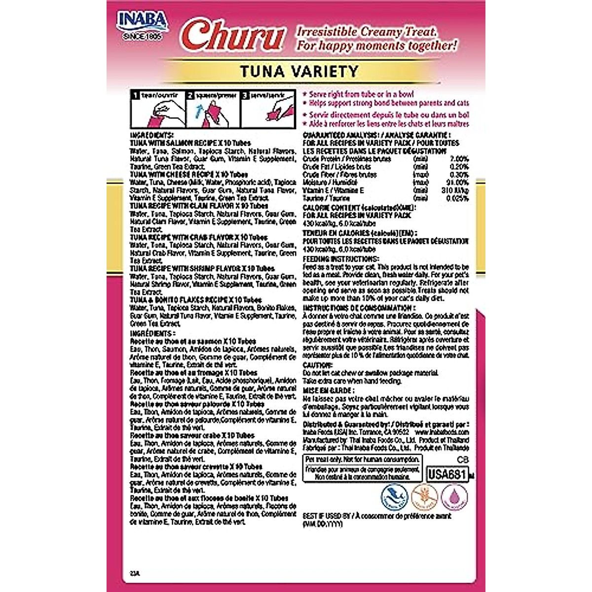 INABA Churu Cat Treats, Grain-Free, Lickable, Squeezable Creamy Purée Cat Treat/Topper, 60 Servings, Tuna Variety Box