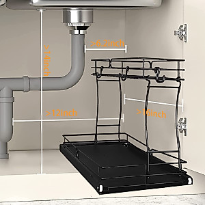 JIKEXINGMENG 2-Tier Under Sink Organizer with Slide-Out Shelves - Easy-to-Install Metal Storage Basket Drawer - Ideal for Kitchen, Bathroom, and Pantry Cabinets - Fits 11-Inch Cabinet Opening
