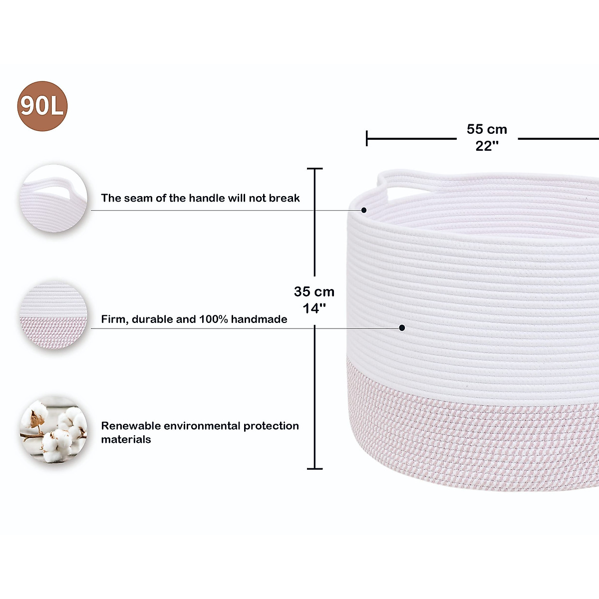 Volhouim XXXLarge Cotton Rope Basket for Organizing Baby Laundry Basket for Blankets Living Room Blanket Basket Cotton Rope Basket with Handle Collapsible Woven Basket Baby Toy Bin， 22"x14" ,Pink