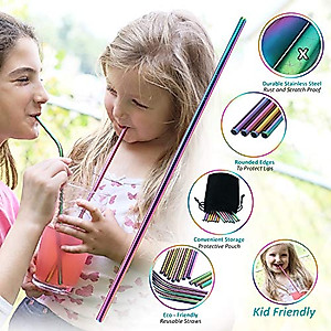Set of 10 - Stainless Steel Straws, Eco Friendly Metal Straw, Non Disposable Straws, Reusable for Tumbler Yeti or Ozark, With 2 Cleaning Brushes - And Cary Bag, Rainbow