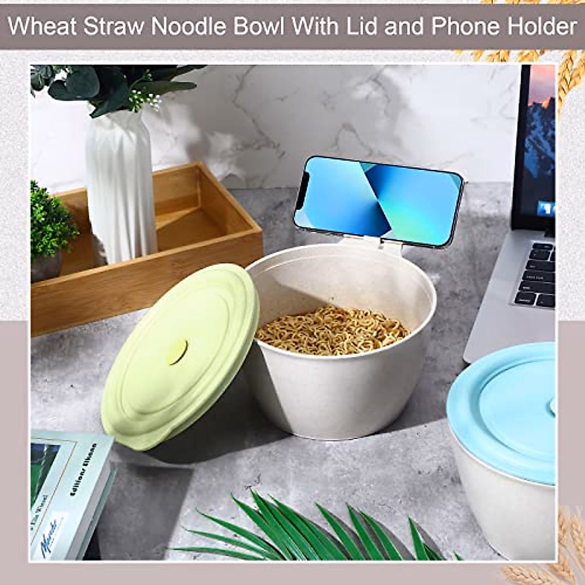 3 Pieces Microwave Wheat Straw Soup Bowl with Handle 40 oz Large Soup Mug with Phone Holder Dishwasher Safe Noodle Bowl with Lid Ramen Microwave Bowl for Ramen, Soup, Noodles, 3 Colors