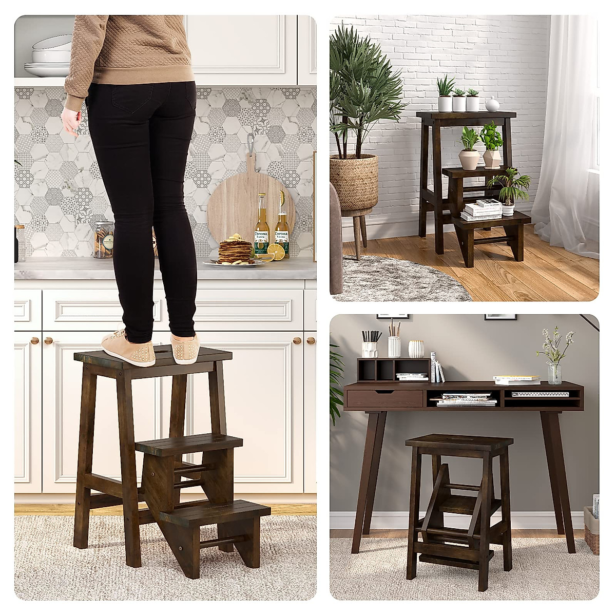 Giantex Folding 3 Tier Step Ladder, Multifunction 3-in-1 Wood Step Stool with Anti-Slip, Convenient Handle, Display Ladder and Storage Shelf for Library, Home Kitchen, Household Work, Garage (Brown)