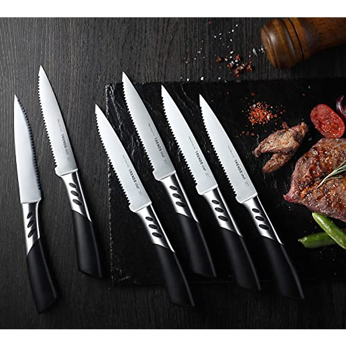 TRENDS Premium Steak Knives Set of 6. Double Forged Premium Stainless Steel. 5 Inch Blades. Serrated Steak Knives Set. Ultra-Sharp and Never Require Sharpening. Your Ultimate Steak Knife Set of 6.
