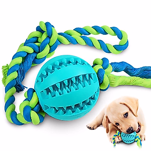 CHLEBEM Puppy Toys Interactive Dog Toys Balls for Small Medium Dogs Chew Teething Teeth Cleaning Treat Dispensing Durable Rubber Ball Dog Rope Toy for Tug of War Playing (Blue)