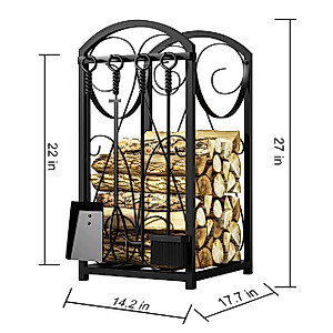 Kingson 5-Piece Firewood Log Rack With 4 Fireplace Tools Set Fireside Holder Wood Lumber Storage Stacking With Tongs Shovel Poker And Brush-Black