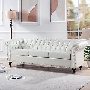 LEVNARY Chesterfield Sofa, Classic Tufted Upholstered Leather Couch, Modern 3 Seater Couch Furniture with Tufted Back for Living Room Office (Cream White)