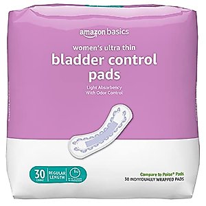 Amazon Basics Ultra Thin Incontinence, Bladder Control & Postpartum Pads for Women, Regular Length, Light Absorbency, 30 count, 1 Pack (Previously Solimo)