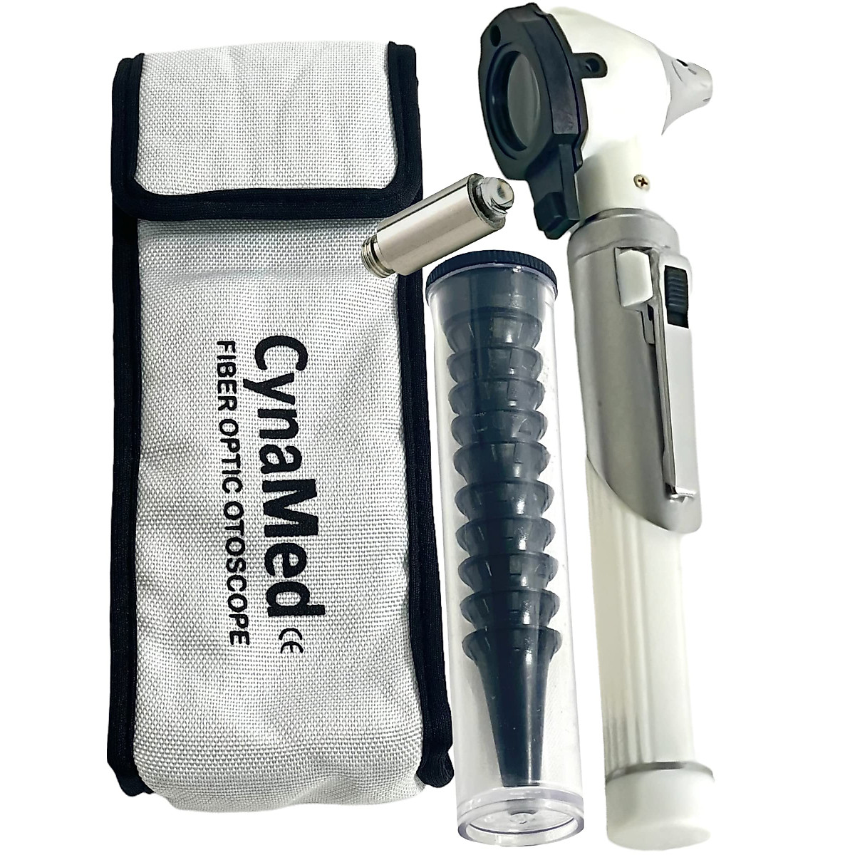 Mini Fiber Optic Otoscope White (Pocket Size) Ent Diagnostic Set with 1 Replacement Bulb Cynamed