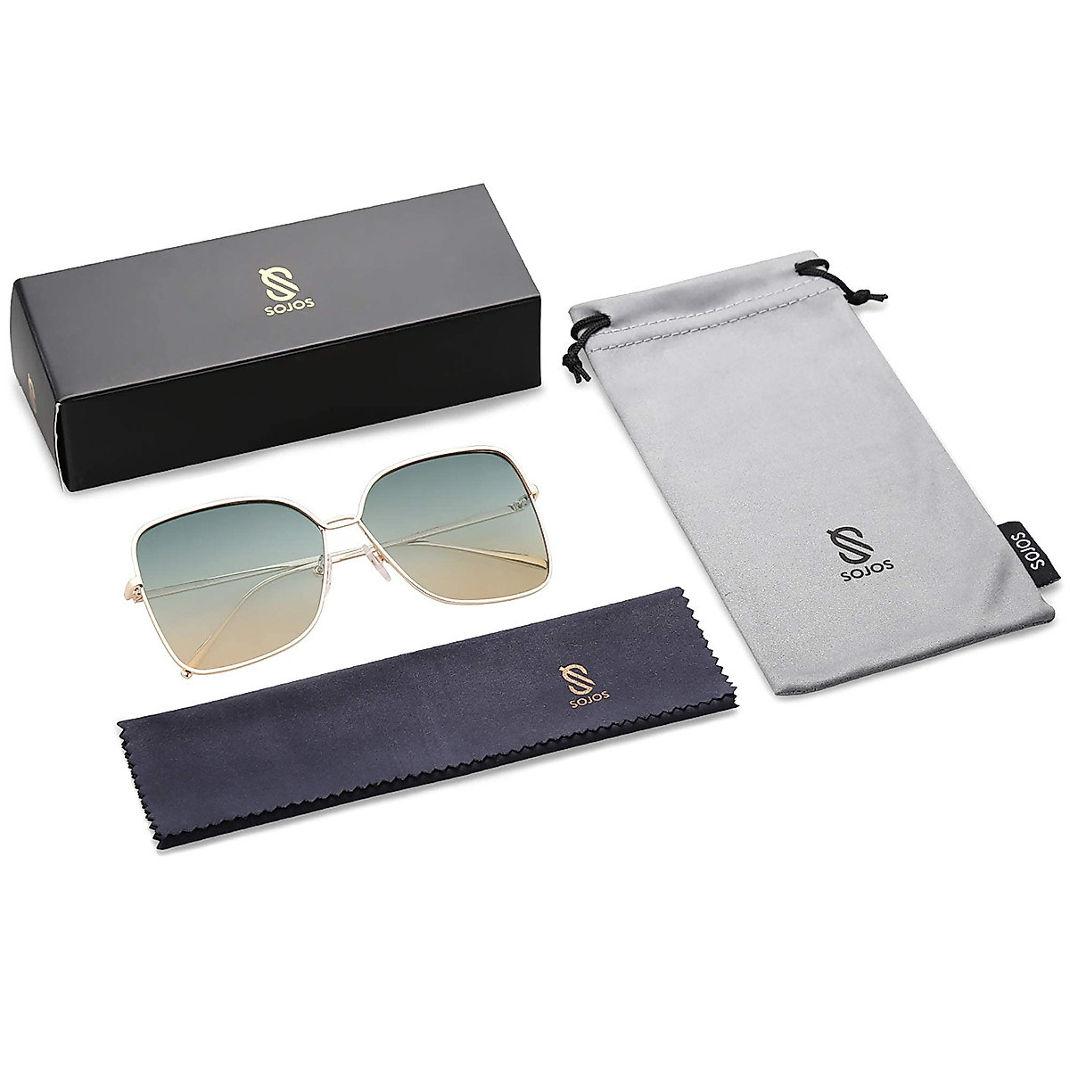 SOJOS Classic Square Oversized Sunglasses for Women Big Large Designer Style Sunnies SJ1082, Gold/Green&Brown