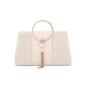 Bamboo Handbag Handmade Tote Bamboo Purse Straw Beach Bag for Women (White)