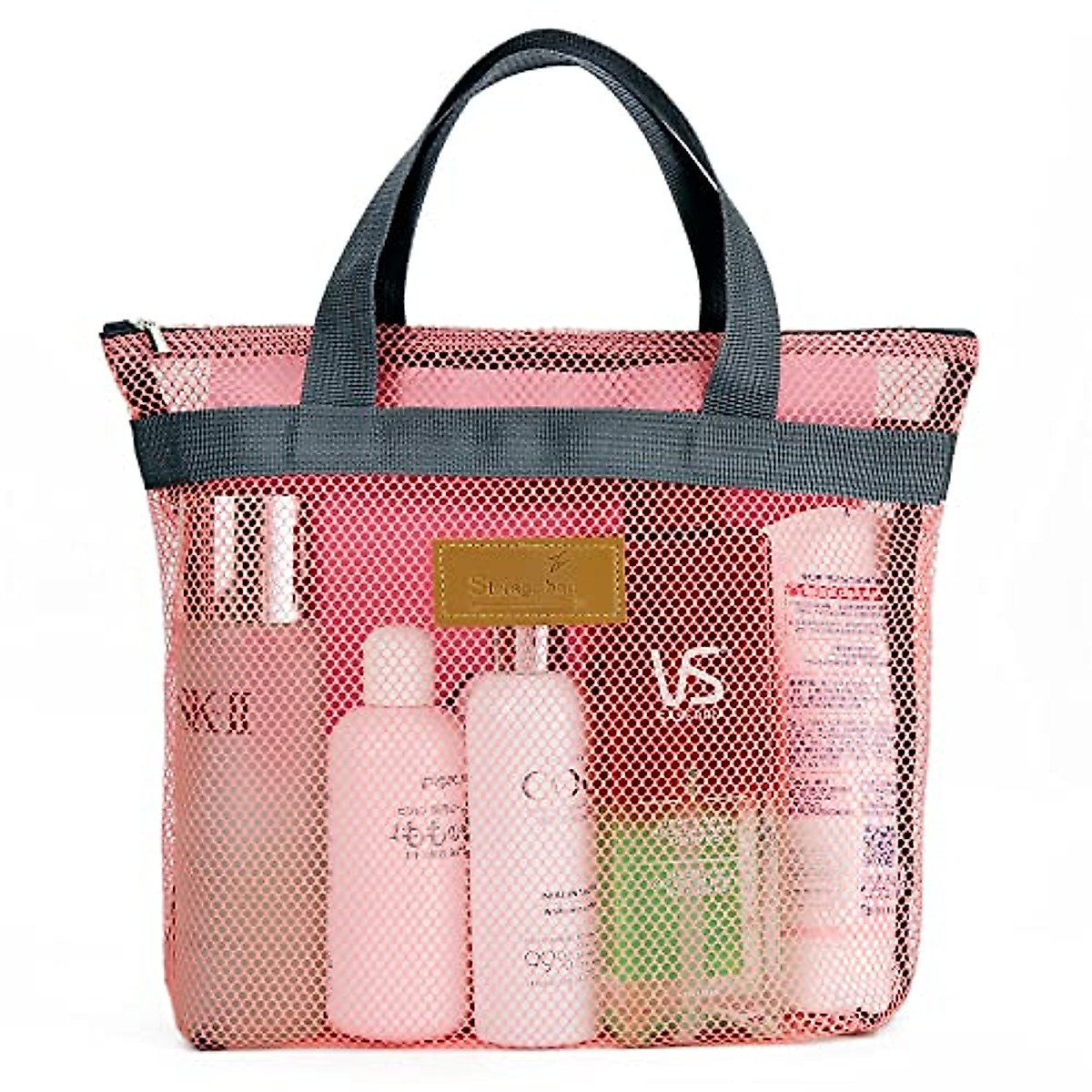 TOPASION Mesh Shower Caddy Bag Portable Hanging Toiletry and Bath Organizer with Zipper for Travel, Swimming, Gym, Camping, College Dorms, Beach (Pink)