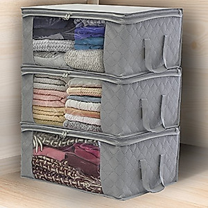 Sorbus Foldable Storage Bag Organizers, Large Clear Window & Carry Handles, Great for Clothes, Blankets, Closets, Bedrooms, and more (3-Pack, Gray)