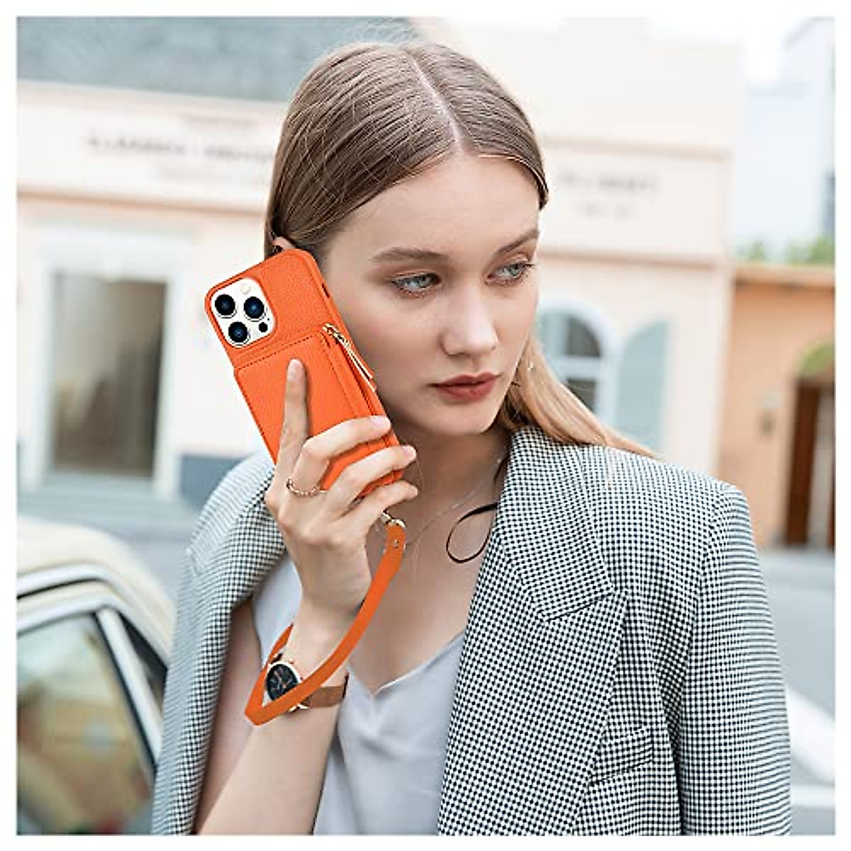 ZVE for iPhone 13 Pro Wallet Case Crossbody, Zipper Phone Case with RFID Blocking Card Holder Wrist Strap Purse Cover Gift for Women Carrying Compatible with iPhone 13 Pro (6.1 inch, 2021)-Orange