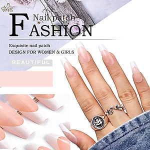 Aksod Long Coffin French Manicure Press on Nails Tips Glossy Pink Fake Nails Designed Ballerina Full Cover Artificial False Nails Tips for Women and Gilrs (24Pcs)