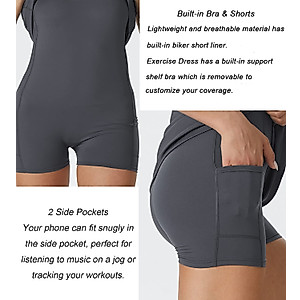 Women's Sleeveless Exercise Tennis Dress with Built-in Bra & Shorts Golf Workout Athletic Dresses Pockets Gray