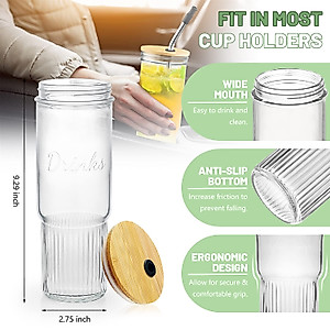 Nefeeko 32oz Glass Tumbler with Straw and Lid, Reusable Glass Water Bottles with Bamboo Lids Iced Coffee Cup Sleeve, BPA Free Leak Proof Water Tumbler with Handle Fits in Car Cup Holder (B)