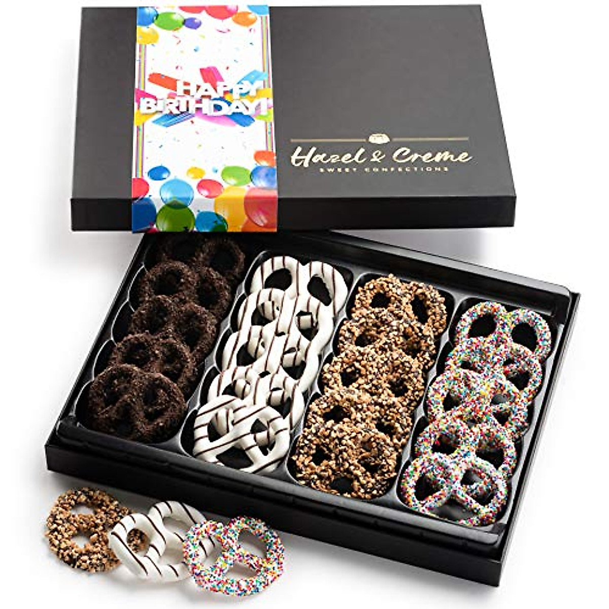 Hazel & Creme Chocolate Covered Pretzels - HAPPY BIRTHDAY Chocolate Gift Box - Birthday Food Gifts - Gourmet Food Gift (Extra Large Box)
