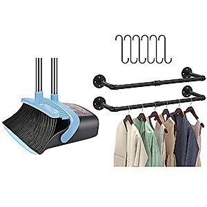 Industrial Pipe Clothes Rack for Hanging Clothes Coats Laundry Room Organizer Storage Hanger Shelf Space Saving, Long Handle Broom and Dustpan Set