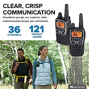 Midland - X-TALKER T77VP5, 36 Channel FRS Two-Way Radio - Up to 38 Mile Range Walkie Talkie, 121 Privacy Codes, and NOAA Weather Scan + Alert (Includes a Carrying Case and Headsets) (Black/Silver)