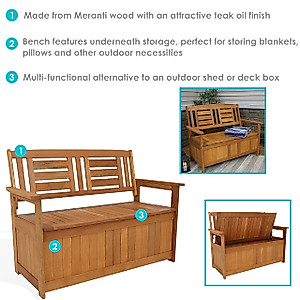 Sunnydaze 51-Inch Meranti Wood Outdoor Storage Bench with Teak Oil Finish