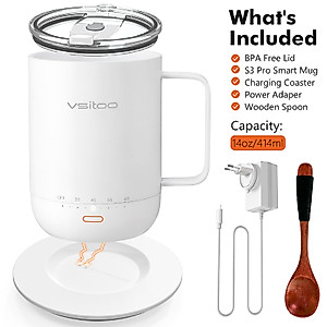 vsitoo Temperature Control Heated Coffee Mug S3PRO 14 Oz, Smart Self Heating Travel Mug with Manual & APP Controlled Coffee Warmer, Rechargeable and Battery Powered, LED Light, Auto Off (White)