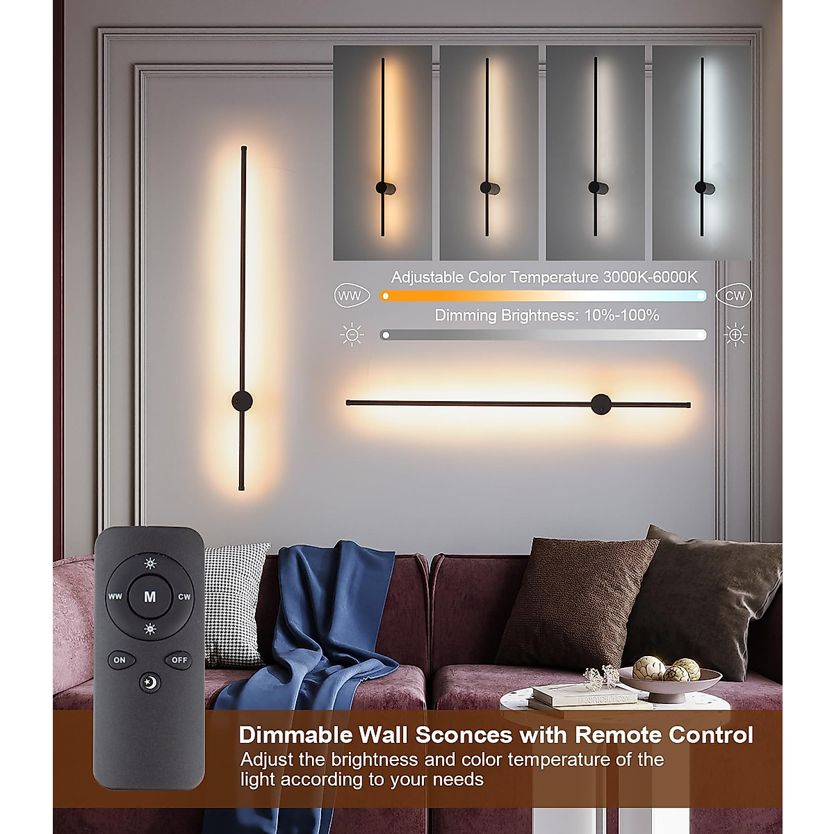 Battery Operated Wall Sconces with Remote Control, USB Rechargeable Wall Sconce Set of Two, Dimmable LED Wall Lights Indoor, 360° Rotate Cordless Wall Lamp for Living Room Bedroom Hallway, Black, 40In