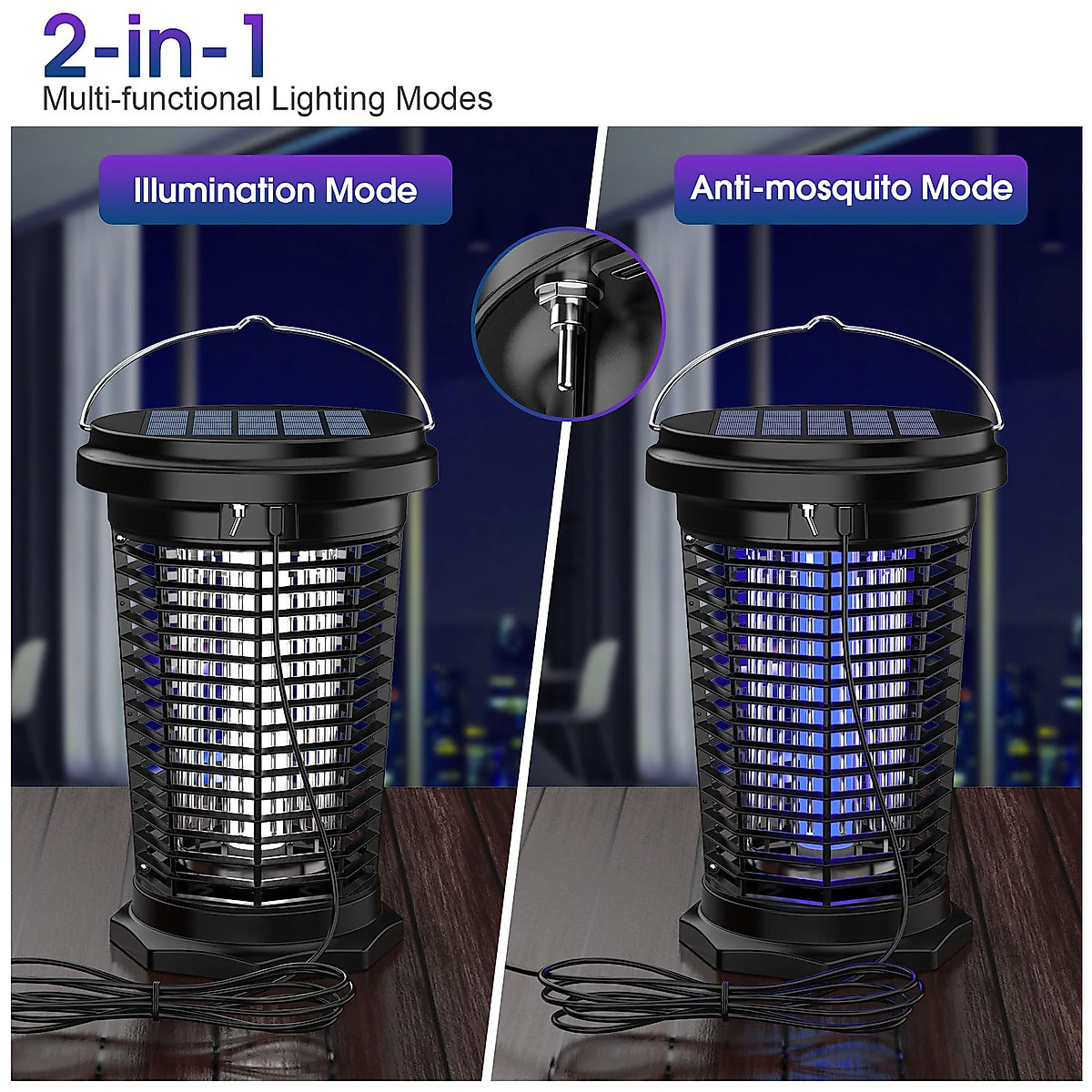 Solar Bug Zapper for Outdoor & Indoor, USB Rechargeable Mosquito Killer Lamp with UV Light, 4500V Electric Fly Traps, 5.5W Insect Zapper for Patio, Home, Backyard, Garden, Camping
