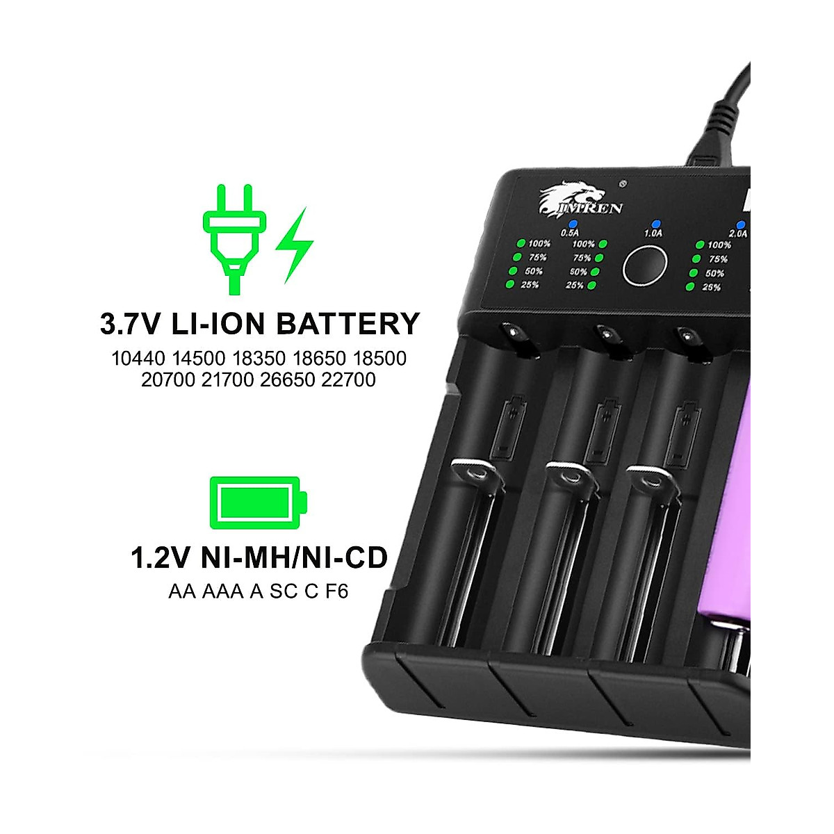 IMREN 18650 Battery Charger,21700 Battery Charger for 3.7V 14500 10400 18500 18350 18650 18700 20700 21700 22650 26650 Li-ion Battery,1.2V Ni-MH/Ni-Cd Battery,4 Bay 18650 USB C Charger