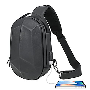 Wzsipod Small Hard Shell Sling Bag for Men Women, Crossbody Backpack Bag for Teenager, One Strap Chest Bags for Men, Lightweight Quest 2 Case With USB-A Charger Port for Daily Cycling Hiking (Black)