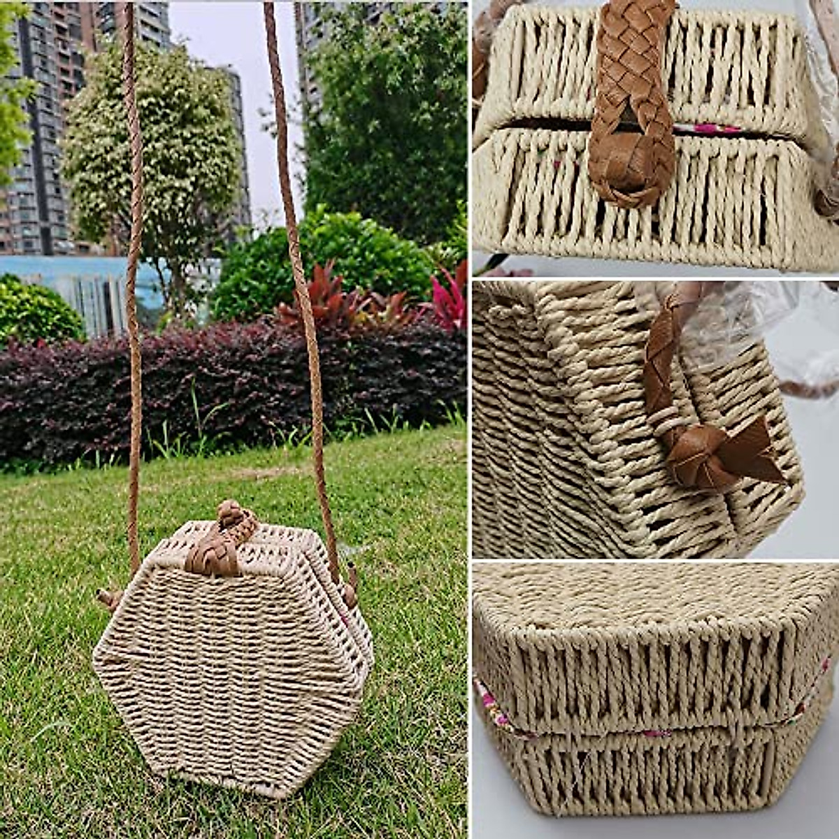 NIBD Handwoven Square Straw Rattan Bag Retro Straw Portable Small Box Woven Womens Cross Body Bag Shoulder Messenger Satchel