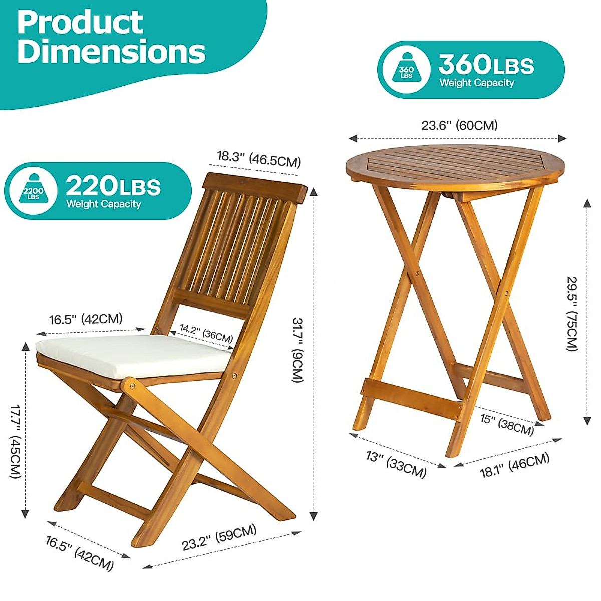 Panana 3PCS Patio Bistro Set Acacia Wood Folding Table Chairs with Cushions Foldable Patio Furniture Set for Outdoor Garden Deck Yard (Round)