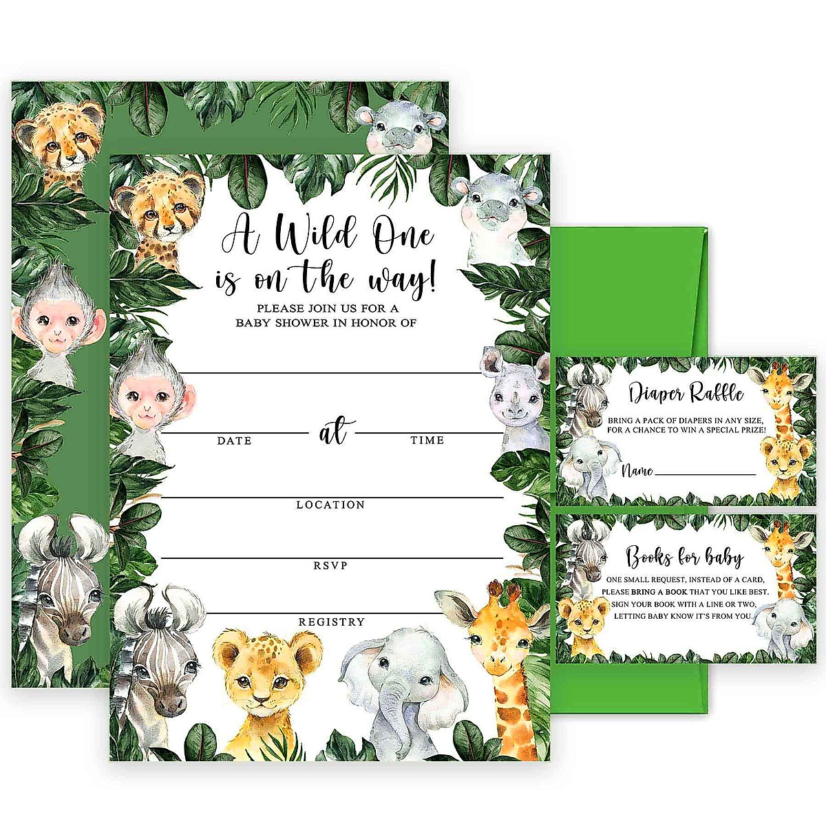Yuzioey 50 Safari Baby Shower Invitations, Jungle Animals Invitations Macthing Envelpoes, Diaper Raffle Tickets, Book Request Cards, Safari Animals Invitations