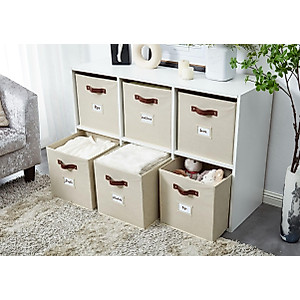 DECOMOMO Storage Bins | Cube Storage Bin with Label Holders, Fabric Storage Cubes for Organizing Shelves Closet Toy Clothes (10.5" x 11" / 6pcs, Beige)