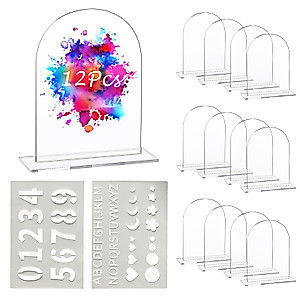 LUGUNU 12 Pack 5x7 Inch Blank Clear Arch Acrylic Sign with Stand Blank Arched Round Top Acrylic Sheet with Letter Stencils and Numbers DIY Acrylic Table Numbers Sign and Holder