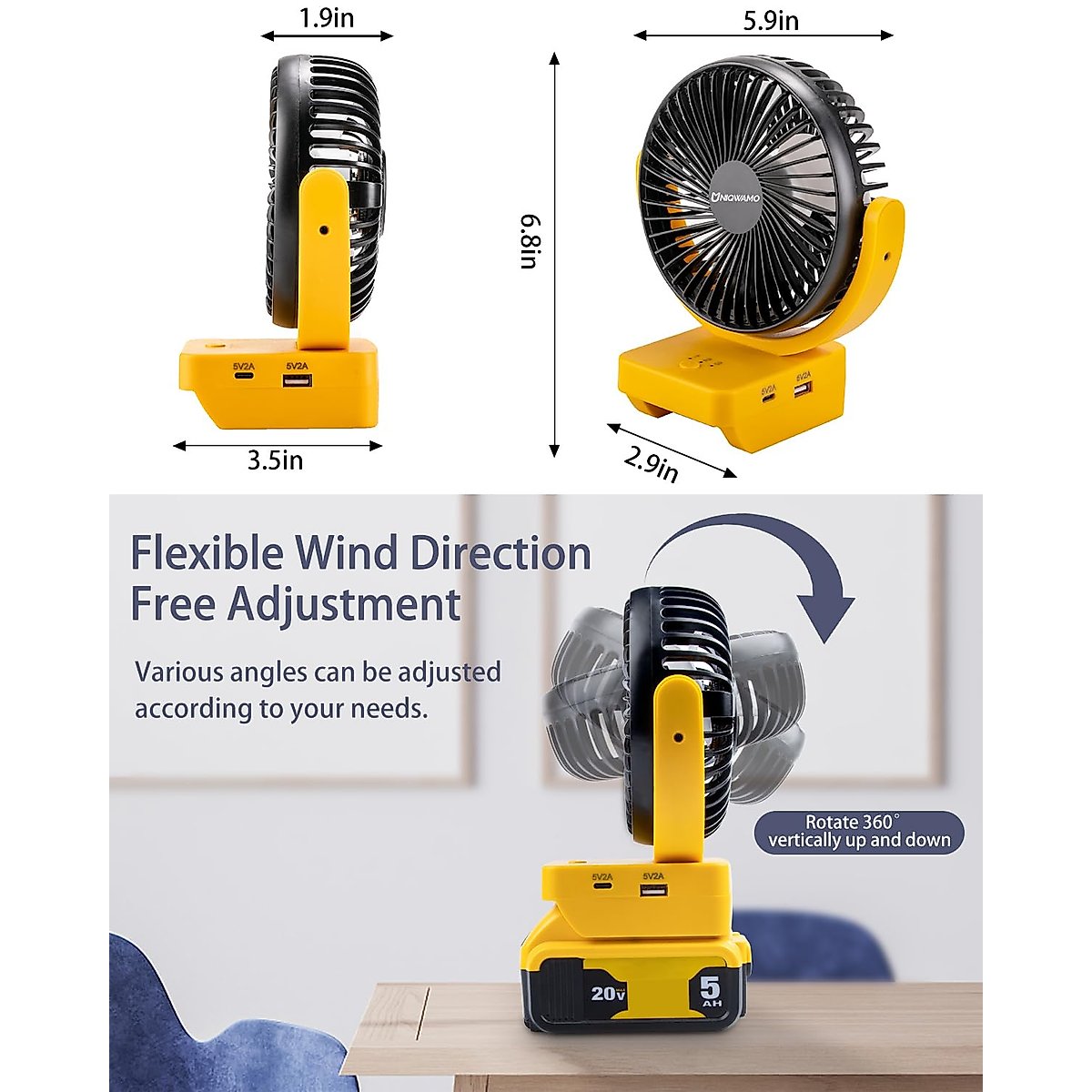Uniqwamo Jobsite Battery Operated Fan For Dewalt 20V/60V Max DCB204 DCB205 DCB206 DCB203 DCB201 DCB207 DCB180 DCB181 Lithium-Ion Battery, Cordless Fan For Dewalt With 3 Speeds Control，USB +Type C