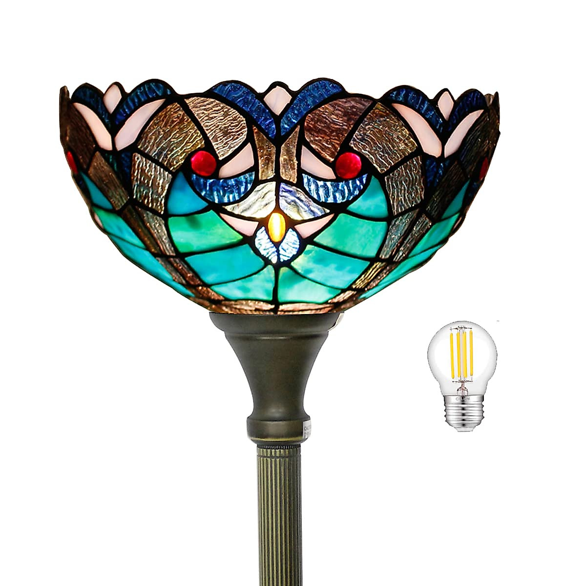 WERFACTORY Tiffany Floor Lamp Green Liaison Stained Glass Light 12X12X66 Inches Pole Torchiere Standing Corner Torch Uplight Decor Bedroom Living Room Home Office S160G Series