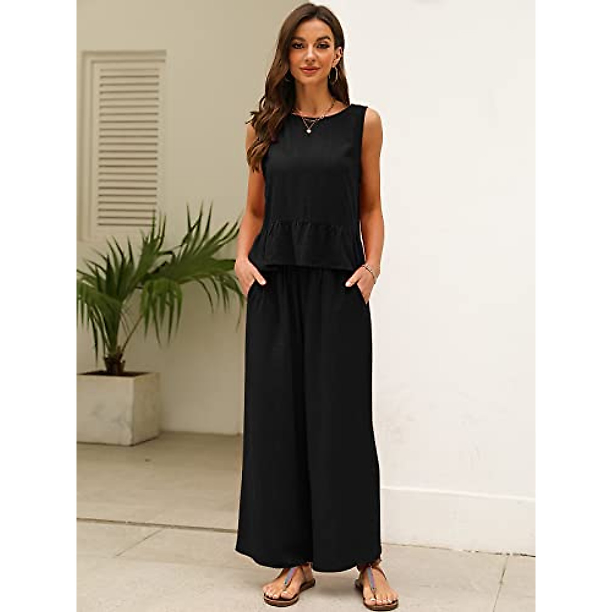 AUTOMET Two Piece Outfits for Women Fall Teacher Outfits 2023 Summer Vacation Beach Sleeveless Linen Crop Tank Top Casual Lounge Sets Comfy Tracksuits Long Pants Dressy Trendy Clothes