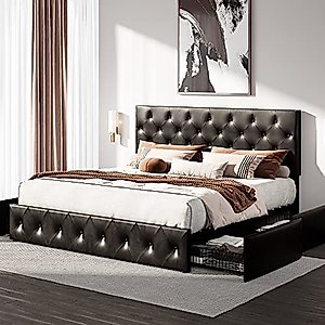 HOOMIC King Platform Storage Bed Frame with 4 Drawers & Adjustable Headboard, Wooden Slats, No Box Spring Needed,Diamond Stitched Button Tufted Design, Noise Free, Black Brown