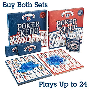 MBGBrybelly Poker Keno and More Poker Keno Bundle - 24 Players Complete Game and Expansion Pack - 24 Game Boards, 2 Decks of Cards, 400 Plastic Blue Bingo Chips - Family Game Night Casino Gift