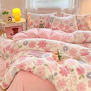 KASBLUEL Bedding Sets, Pink Rabbit Duvet Cover Aesthetic Comforter Covers Ultra Fluffy Blanket Soft Cute Kawaii Bed Set for Toddler Teen Kids Girls Women (Pink Flowers, Twin)