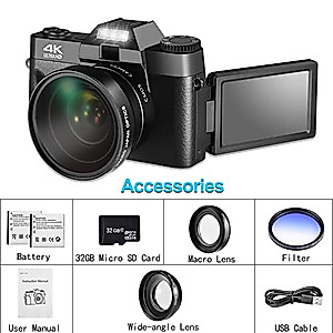 Lierhyt 48MP Digital Camera for Photography,4K Vlogging Camera,Digital Camera for Kids and Adults with 180° Flip Screen,16 X Digital Zoom,Wide-Angle Lens,Macro Lens,32 GB Micro Card,2 Batteries(Black)