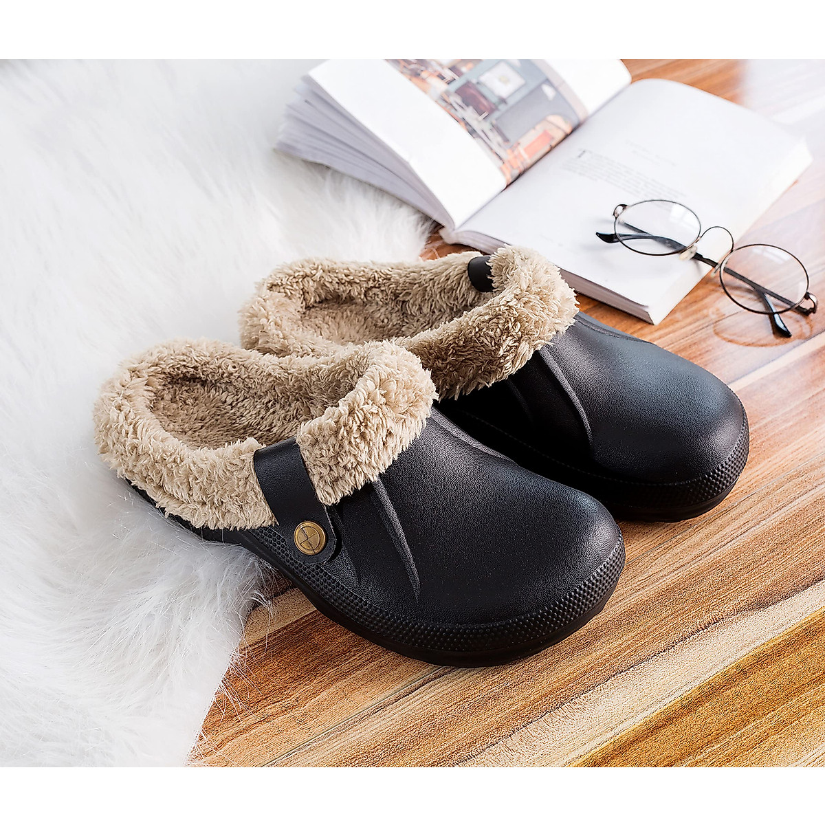 Reenloon Waterproof Slippers Women Men Fur Lined Clogs Winter Classic Outdoor Garden Comfy Warm Non-Slip Slippers