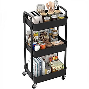 Sywhitta 3-Tier Plastic Rolling Utility Cart with Handle, Multi-Functional Storage Trolley for Office, Living Room, Kitchen, Movable Storage Organizer with Wheels, Black