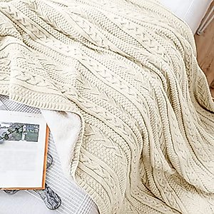 Beige Knit Sherpa Blanket Cotton Throw Blanket with Sherpa Lining Double Sided Reversible Winter Blanket Super Soft, Warm, Elegant, Plush, Cozy for Couch, Sofa, Bed Home Decor 50 x 63 inch