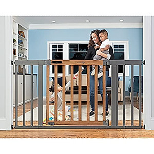 Summer West End Safety Baby Gate, Honey Oak Stained Wood with Slate Metal Frame – 30” Tall, Fits Openings up to 36” to 60” Wide, Baby and Pet Gate for Wide Spaces and Open Floor Plans